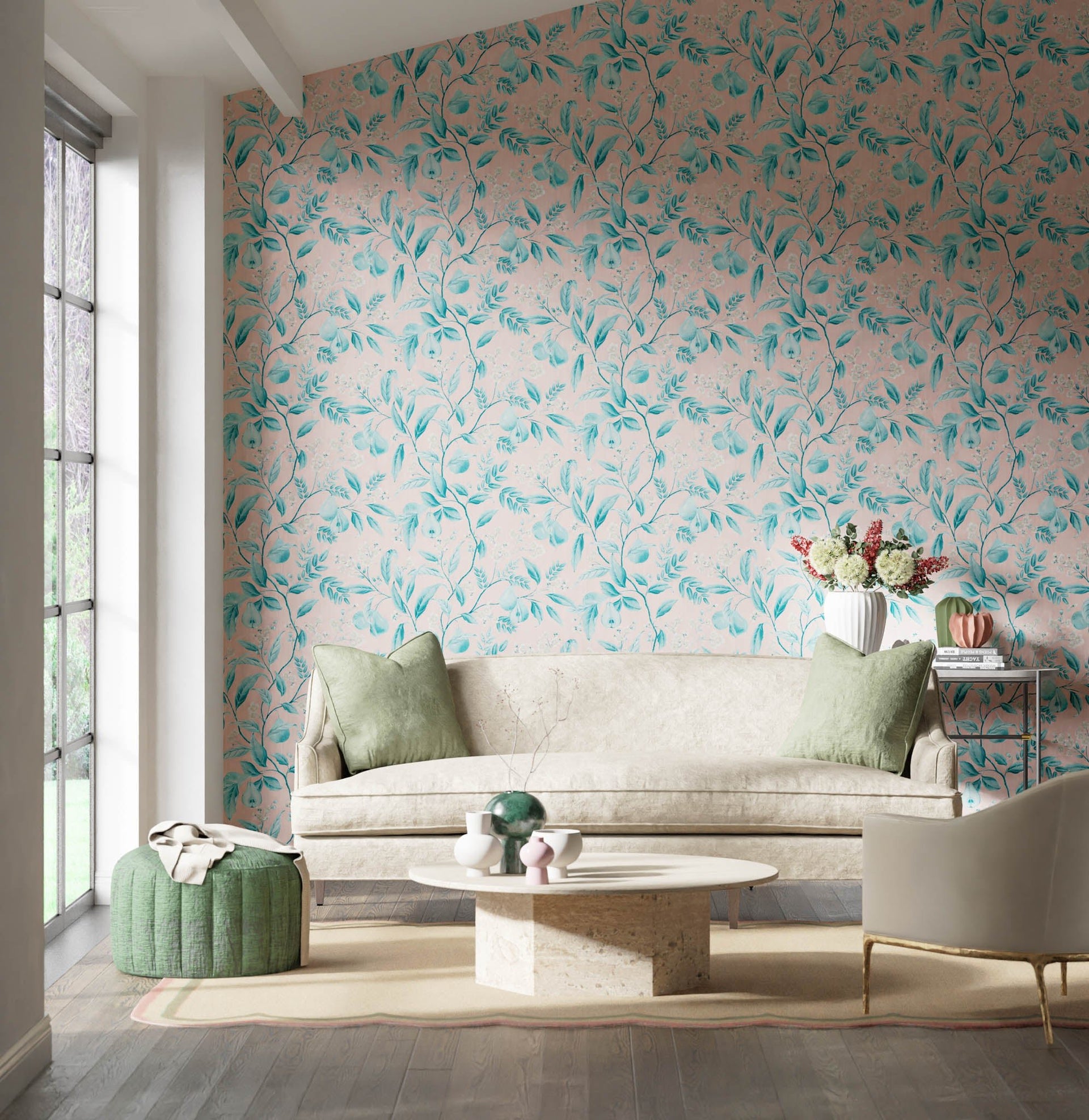 Marie Wallpaper - Rose/Lagoon | Botanical Wallpaper – Diane Hill